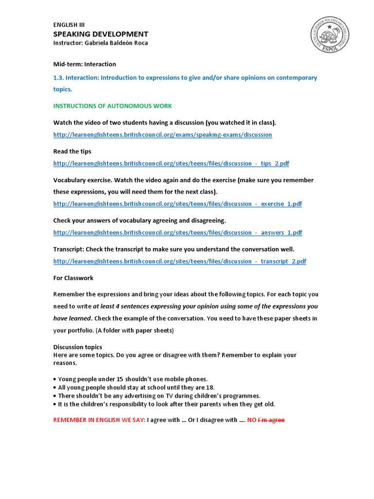 Speaking Development: 1.3. Interaction: Introduction To Expressions To ...