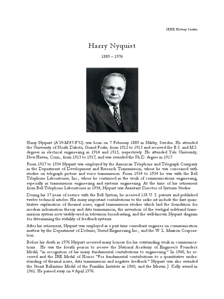 Harry Nyquist: IEEE History Center | PDF | Bandwidth (Signal Processing ...