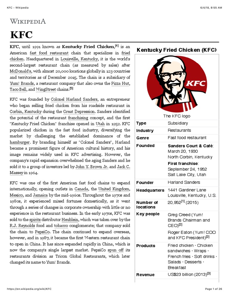 KFC - Wikipedia | PDF | Fast Food Restaurants | Food And Drink