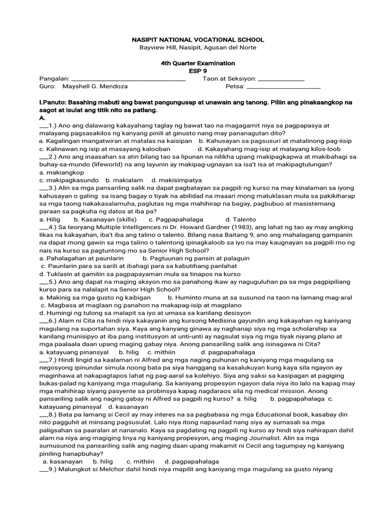 ESP 9 4th Quarter Exam SY 2017 2018 | PDF