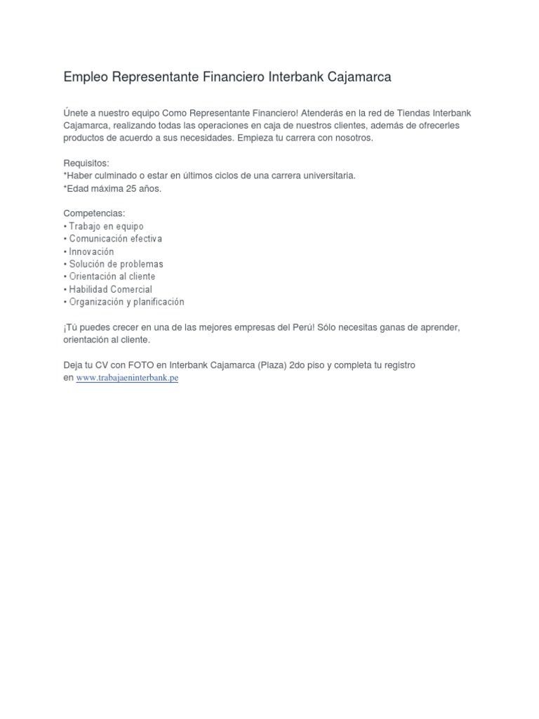 Empleo Representante Financiero Interbank Cajamarca | PDF | Crecimiento personal y profesional ...