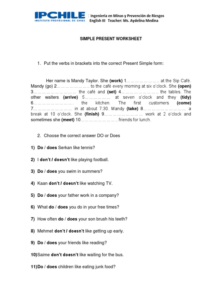 Simple Present Worksheet 1 | PDF