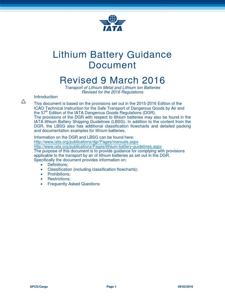 IATA Lithium Battery Guidance Document 2016 | PDF | Rechargeable ...