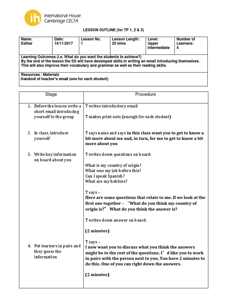 TP1 Sample Lesson Plan | PDF | Linguistics | Teaching