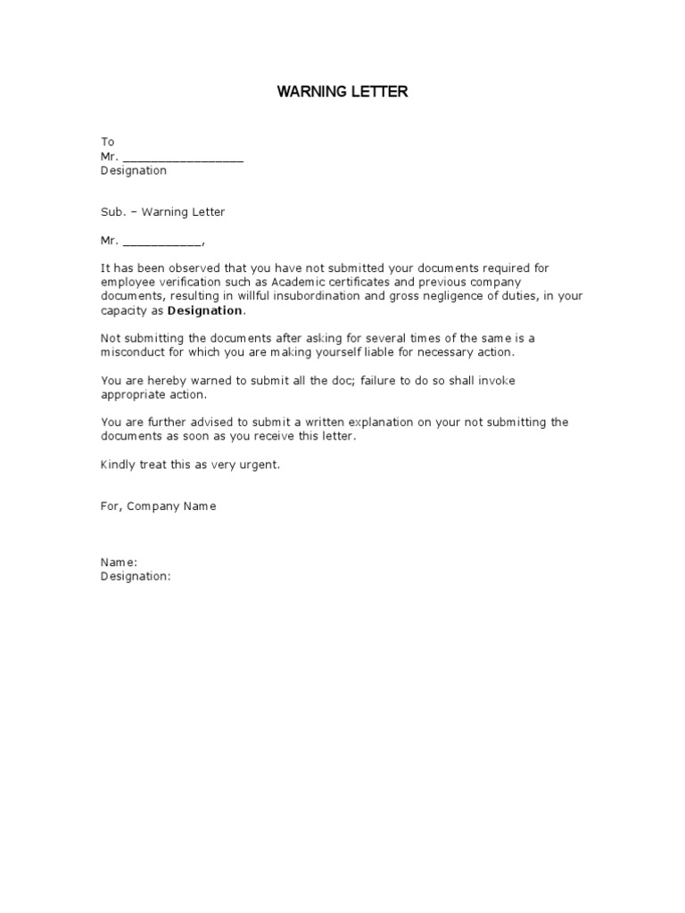 Employee warning letter for document submission | PDF