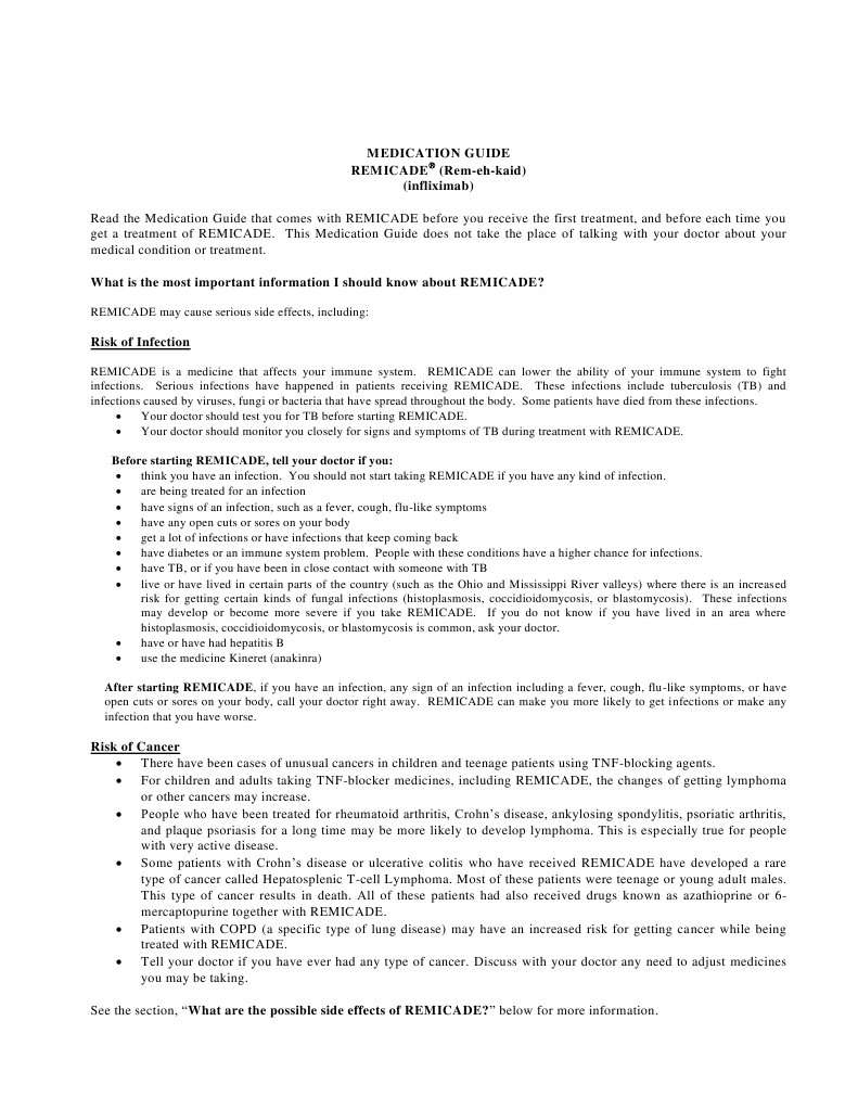 Medication Guide Remicade (Rem-Eh-Kaid) (Infliximab) : Before Starting ...