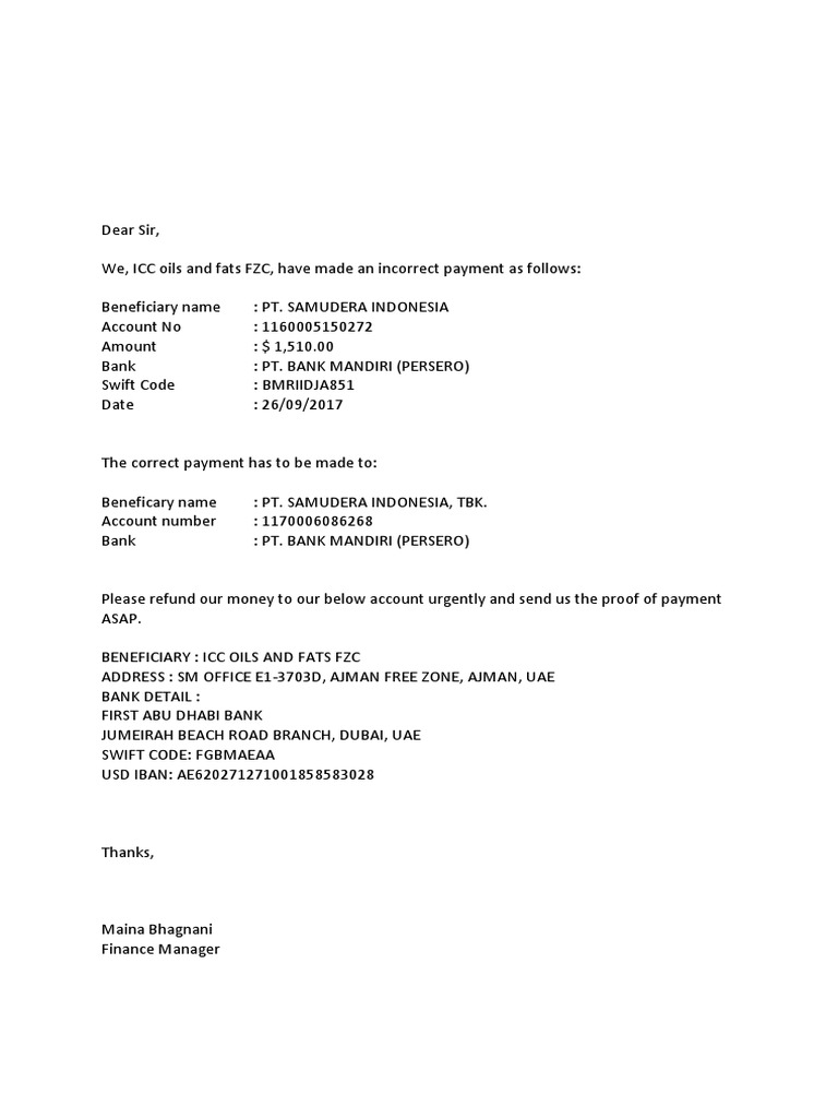 Wrong Bank Account Letter | PDF