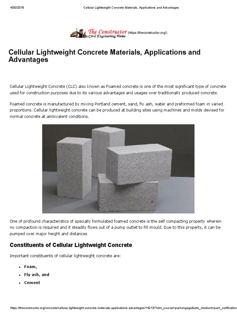 Cellular Lightweight Concrete Materials, Applications and Advantages ...