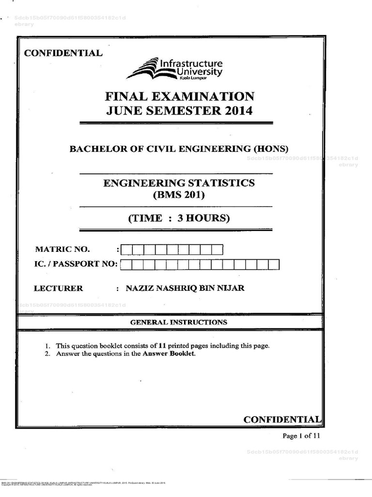 Bms 201 Engineering Statistics 201409 | PDF