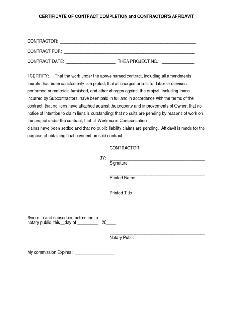 Certificate of Contract Completion and Contractor Affidavit PDF | PDF ...