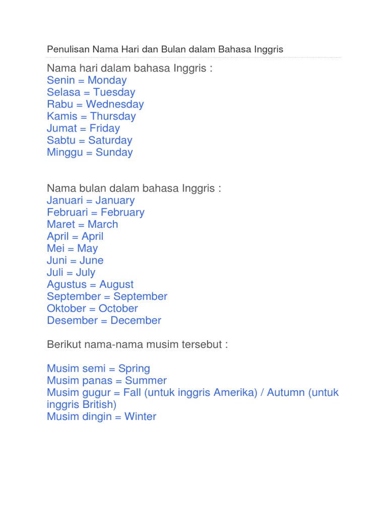 Penulisan Nama Hari Dan Bulan Dalam Bahasa Inggris | PDF