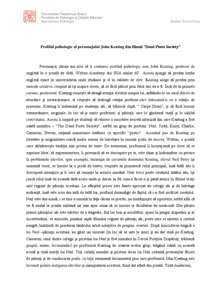 Profil Psihologic Personaj Film Cercul Poetilor Disparuti | PDF
