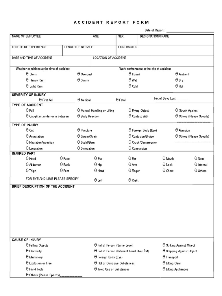 Accident Report Form Name Of Employee Age Sex Designation Trade Pdf