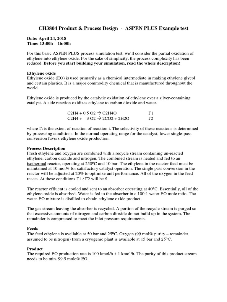 Aspen Example Test - EO v2018 | PDF | Ethylene | Catalysis