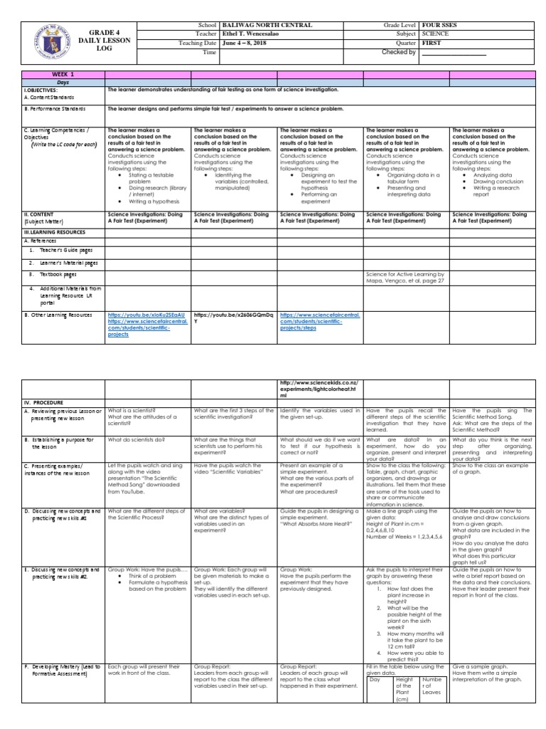 Grade 4 Daily Lesson LOG: Week 1 | PDF | Experiment | Science
