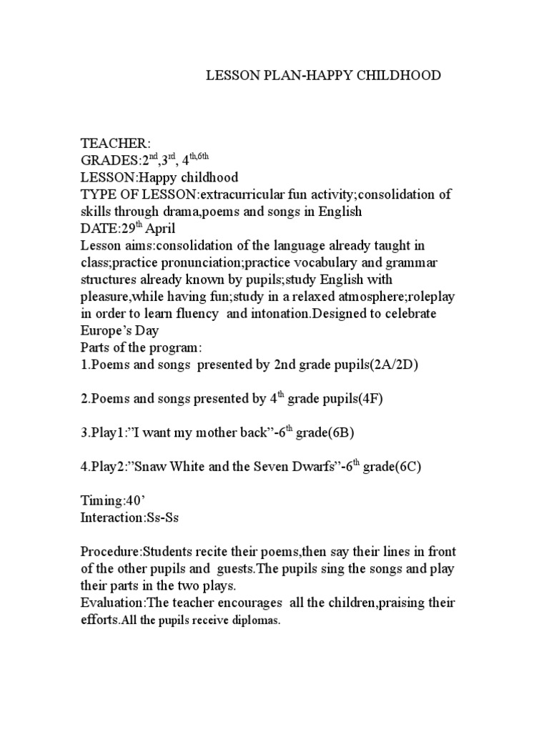 Happy Childhood Lesson Plan for Grades 2-6 | PDF | Language Arts ...