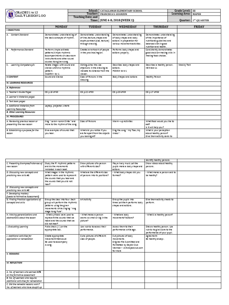 GRADES 1 To 12 Daily Lesson Log JUNE 4-8, 2018 (WEEK 1) Monday Tuesday ...