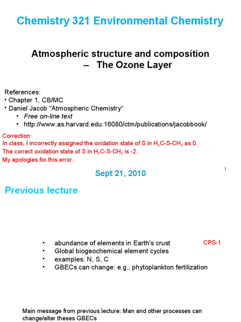 Chemistry 321 Environmental Chemistry: Atmospheric Structure and ...