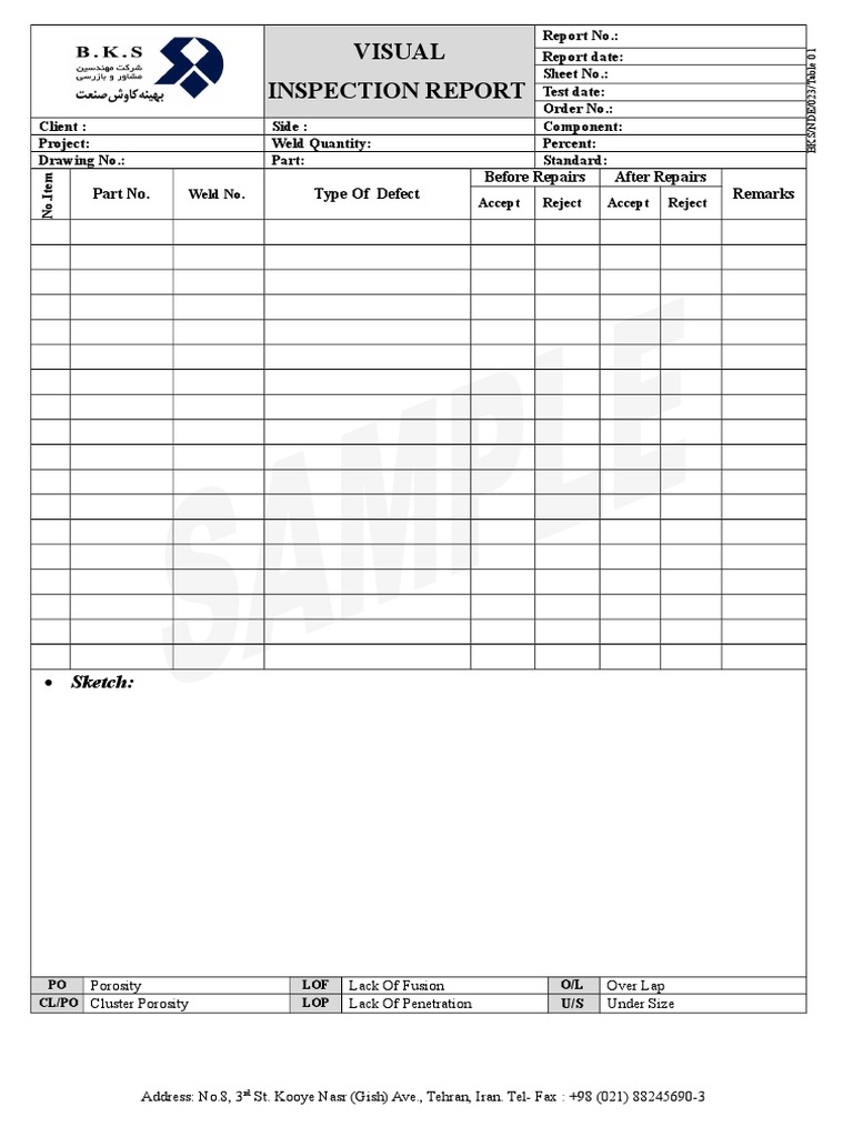 Visual Inspection Report: Remarks After Repairs Before Repairs Type of ...