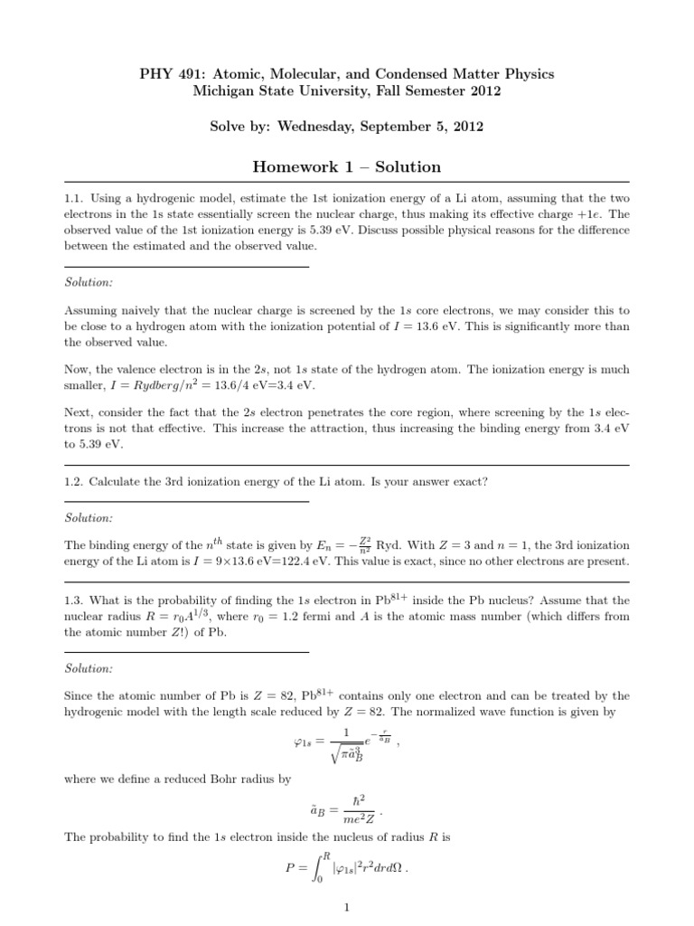 Homework 1 - Solution | PDF | Wave Function | Quantum Mechanics