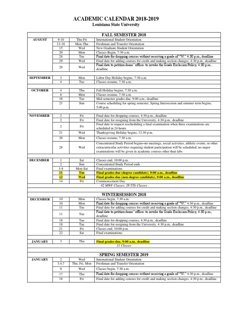 LSU Academic Calendar 2018-2019 | PDF | Academic Term | Sharing