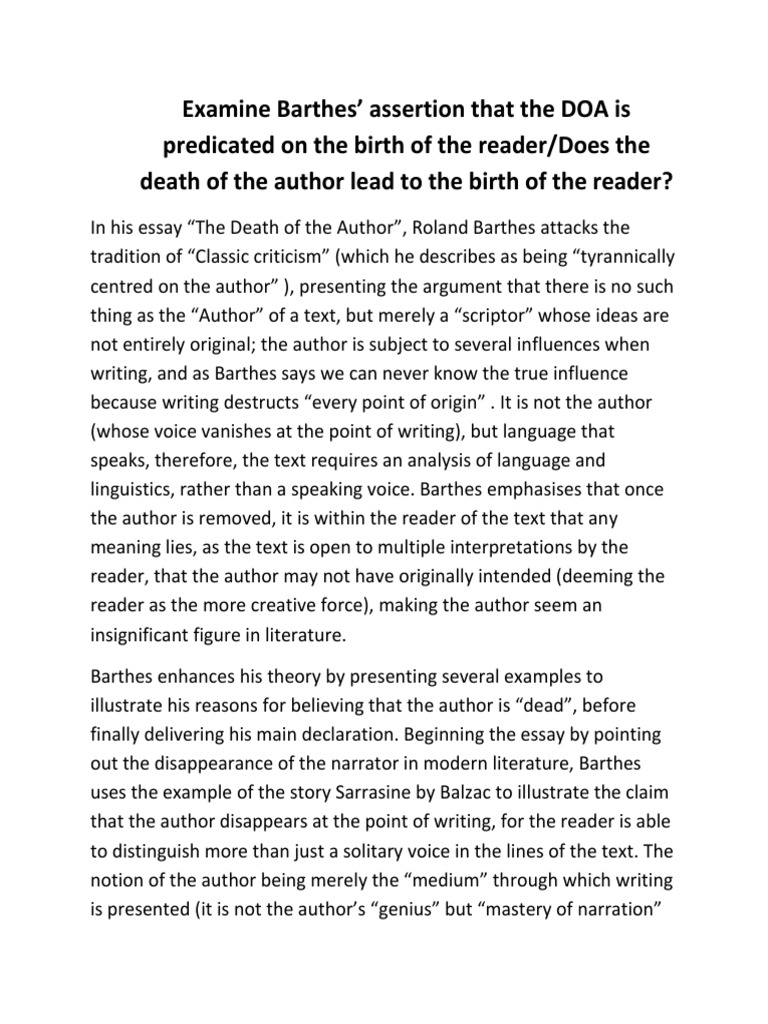 The Death of the Author Leads to the Birth of the Reader: An Analysis of Barthes' Argument | PDF ...