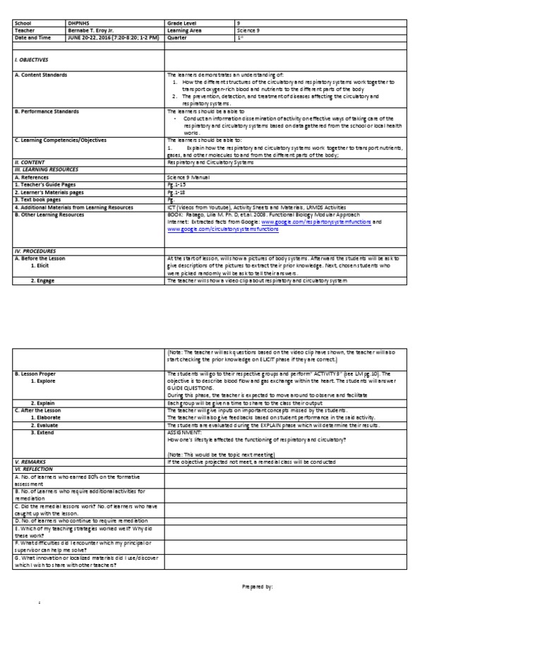 7es New DLL Grade 9 Science | PDF | Circulatory System | Teachers
