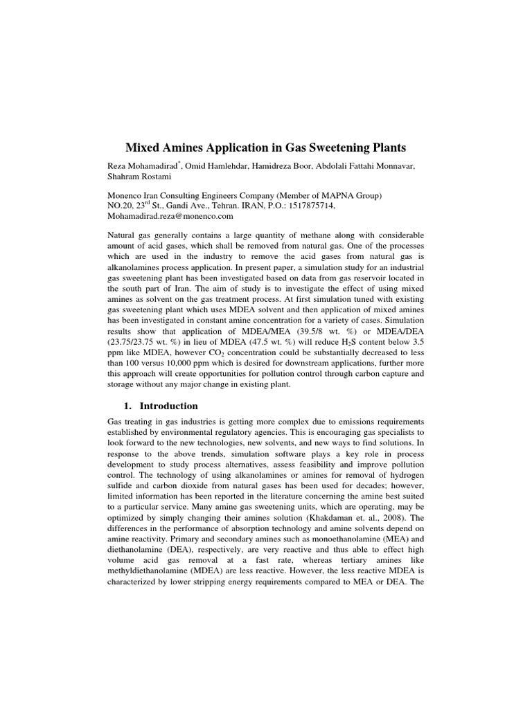 Mixed Amines Application in Gas Sweetening Plants | PDF | Chemistry ...