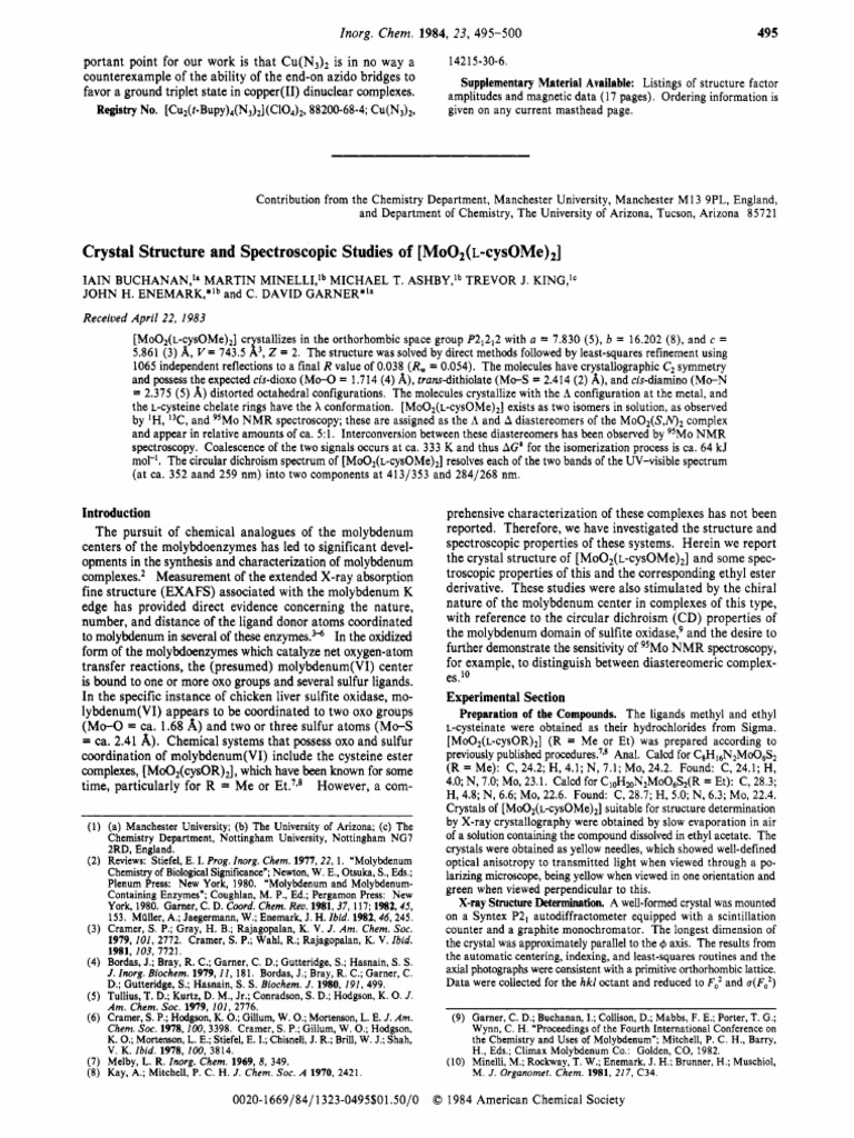 Crystal Structure and Spectroscopic Studies of (Moo2 ( - Cys0Me ...
