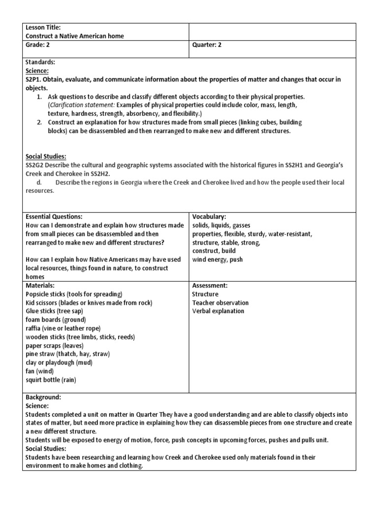 Stem Lesson - Native American Homes | PDF | Soil | Matter