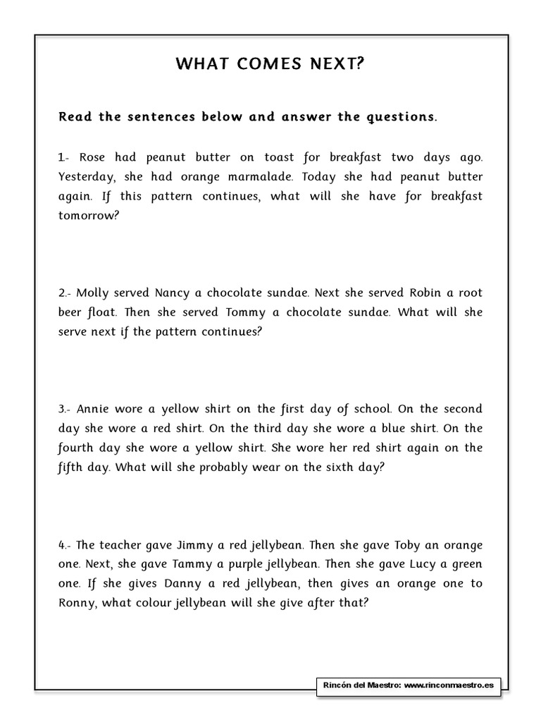 What Comes Next?: Read The Sentences Below and Answer The Questions ...