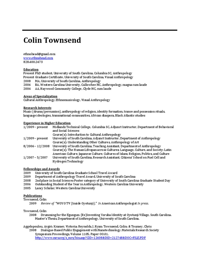Colin Townsend CV | PDF | Anthropology | University