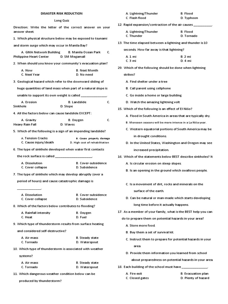 1st Long Quiz in DRRR 2nd Sem | PDF | Landslide | Tornadoes