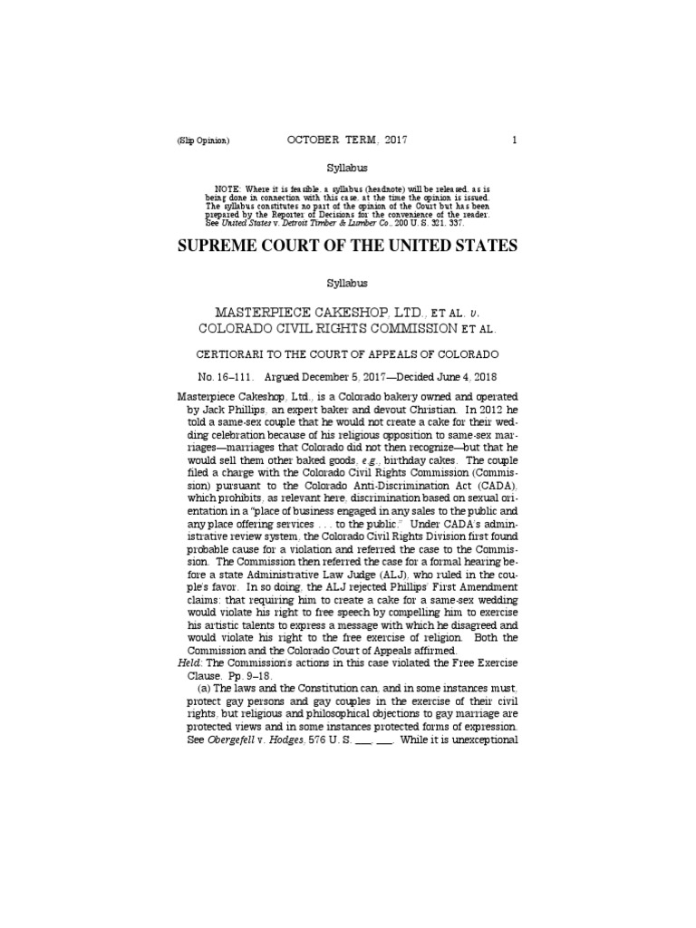 Masterpiece Cakeshop v. Colorado Civil Rights Commission Ruling | PDF ...