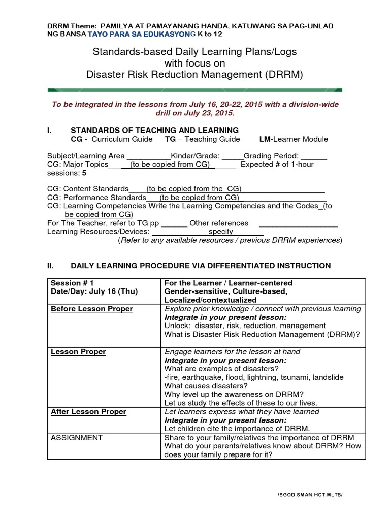 DRRM Lesson Plan | PDF | Lesson Plan | Learning