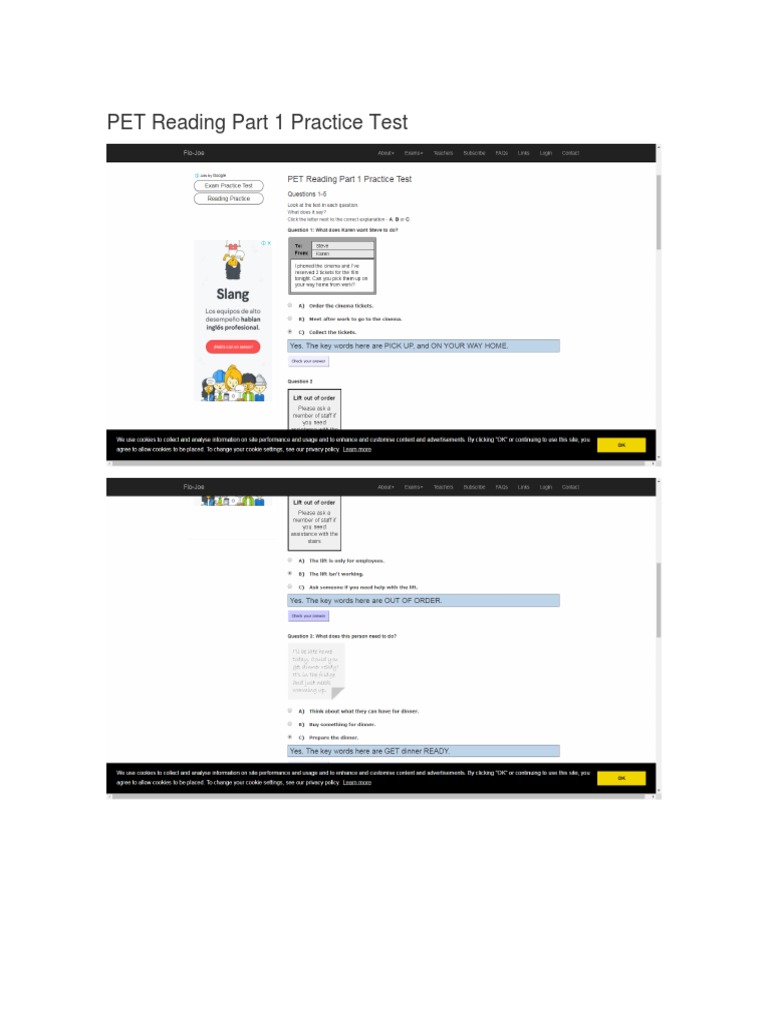 PET Reading Part 1 Practice Test | PDF