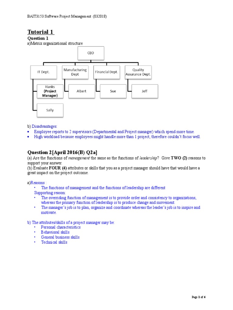 SPM-Tutorial-01 (QnA) 1.18 | PDF | Project Management | Leadership