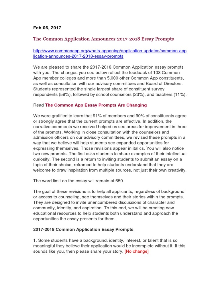 2017-2018 Common App Essay Prompts | PDF | School Counselor | Essays