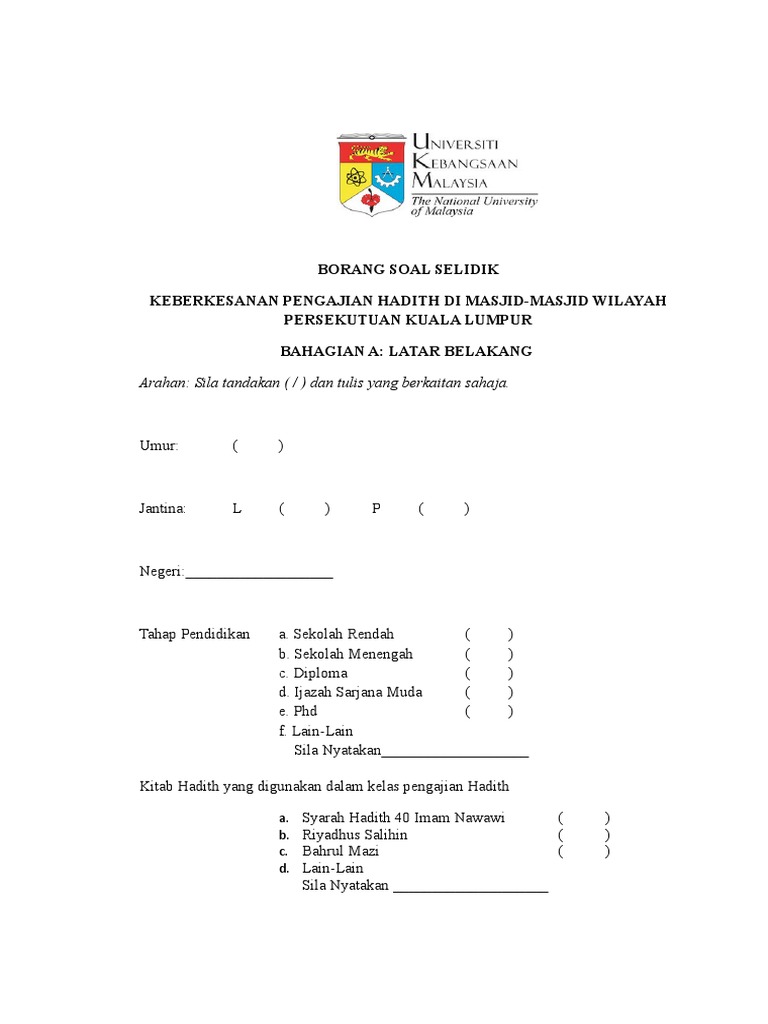 Borang Soal Selidik (Pengajian Hadith) | PDF