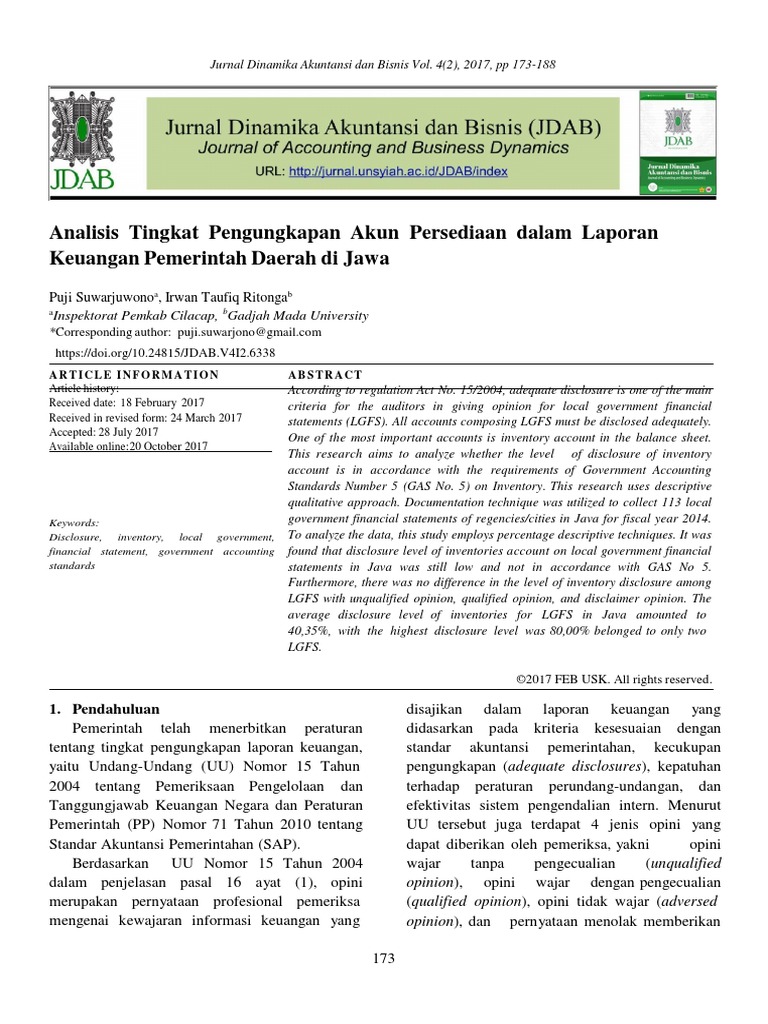 Analisis Tingkat Pengungkapan Akun Persediaan Dalam Laporan Keuangan Pemerintah Daerah Di Jawa ...