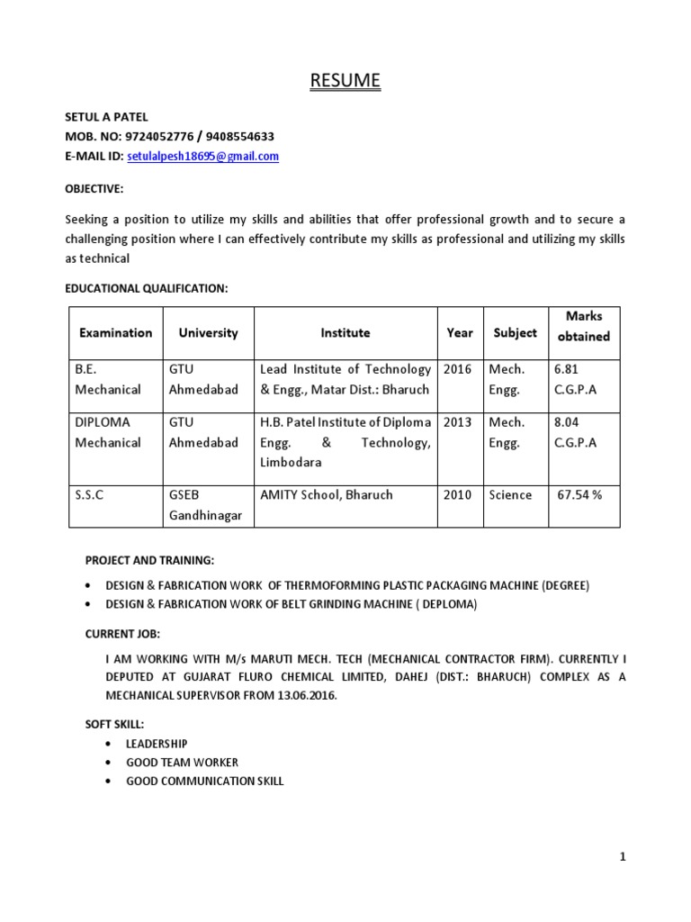 Resume: Setul A Patel MOB. NO: 9724052776 / 9408554633 E-Mail Id | PDF ...