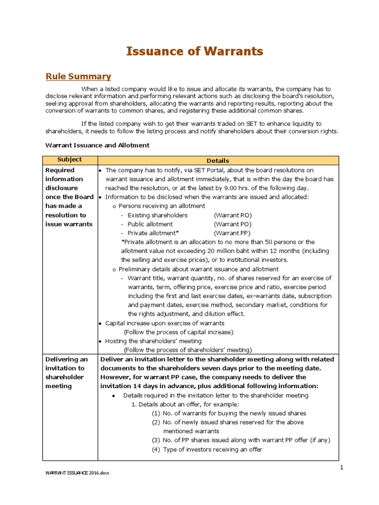 Warrant Issuance | PDF | Warrant (Finance) | Public Company
