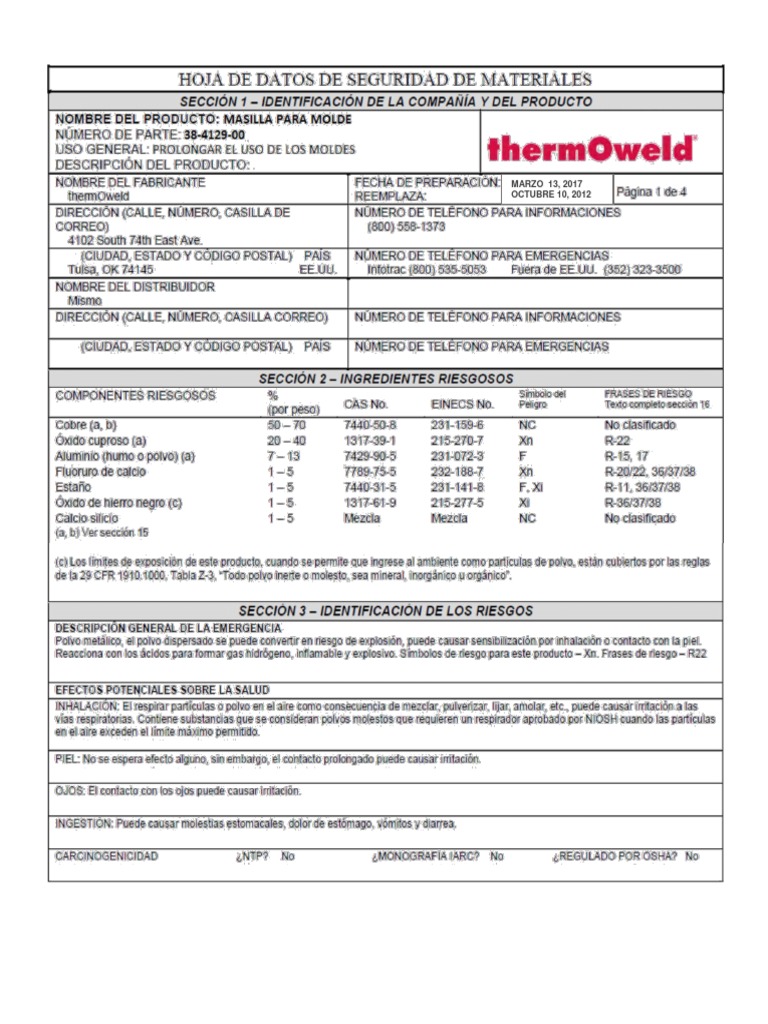 MSDS Masilla para Molde | PDF