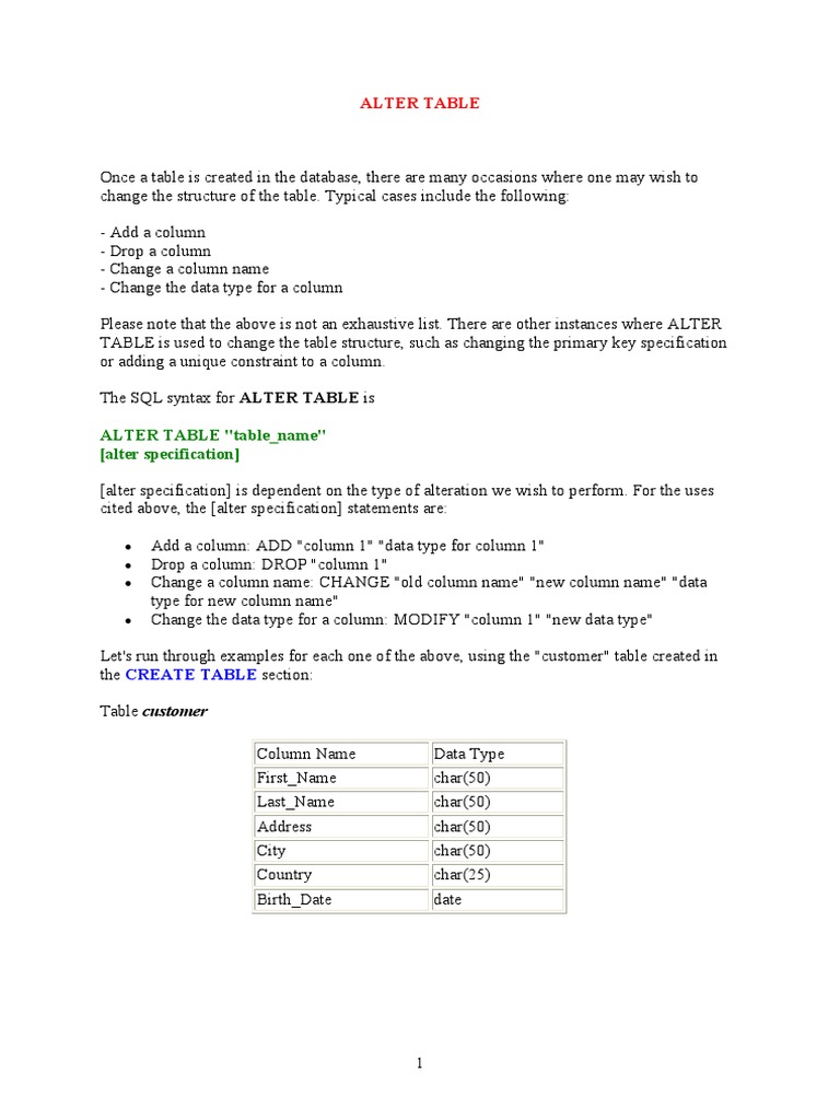 ALTER TABLE "Table - Name" (Alter Specification) | PDF | Software ...
