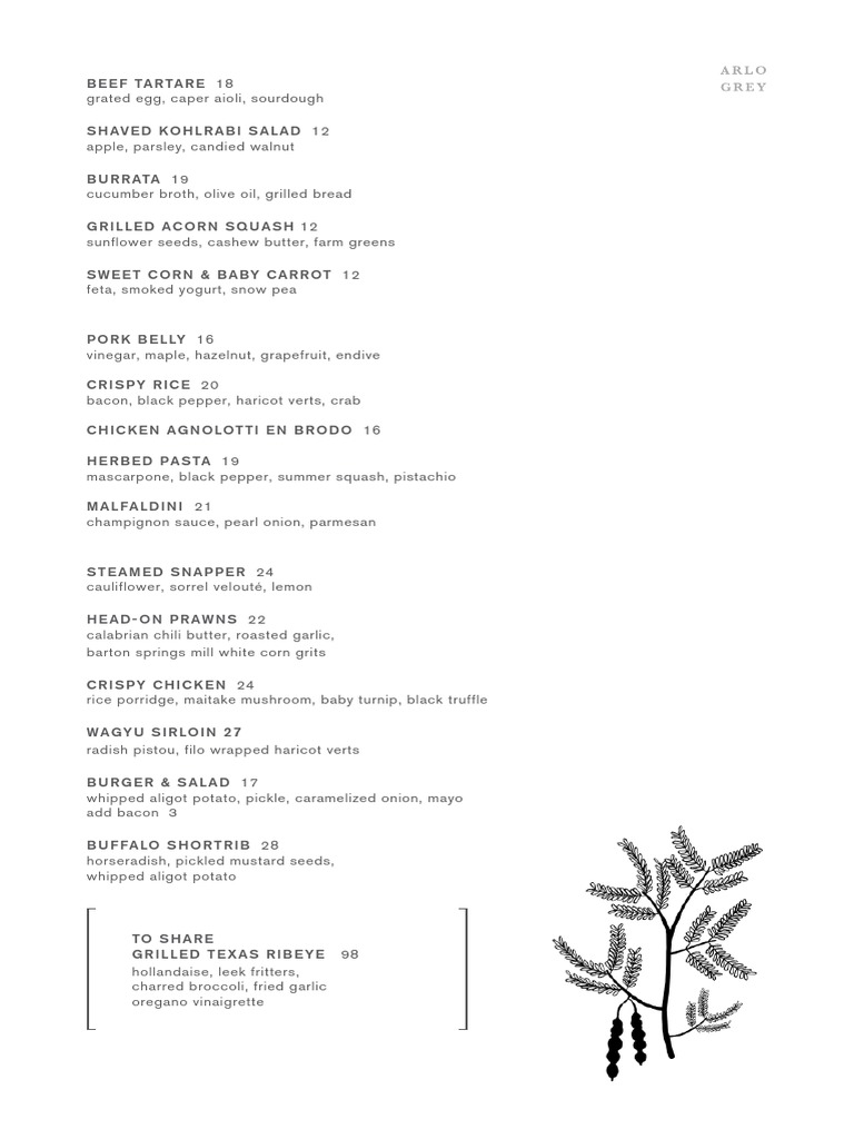 Arlo Grey's Dinner Menu