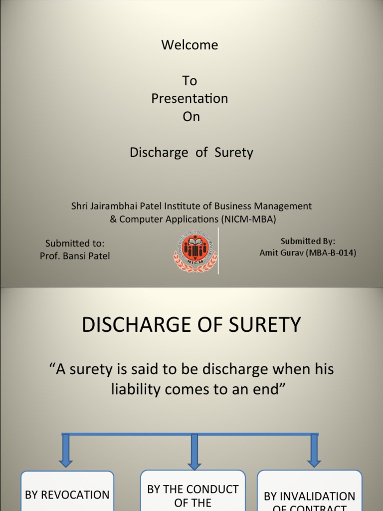 Welcome To Presentation On Discharge of Surety | PDF | Guarantee ...