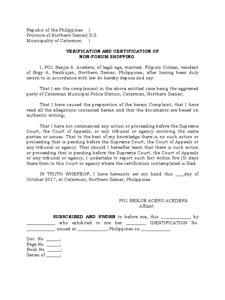 Verification and Certification of Non-Forum Shopping | PDF