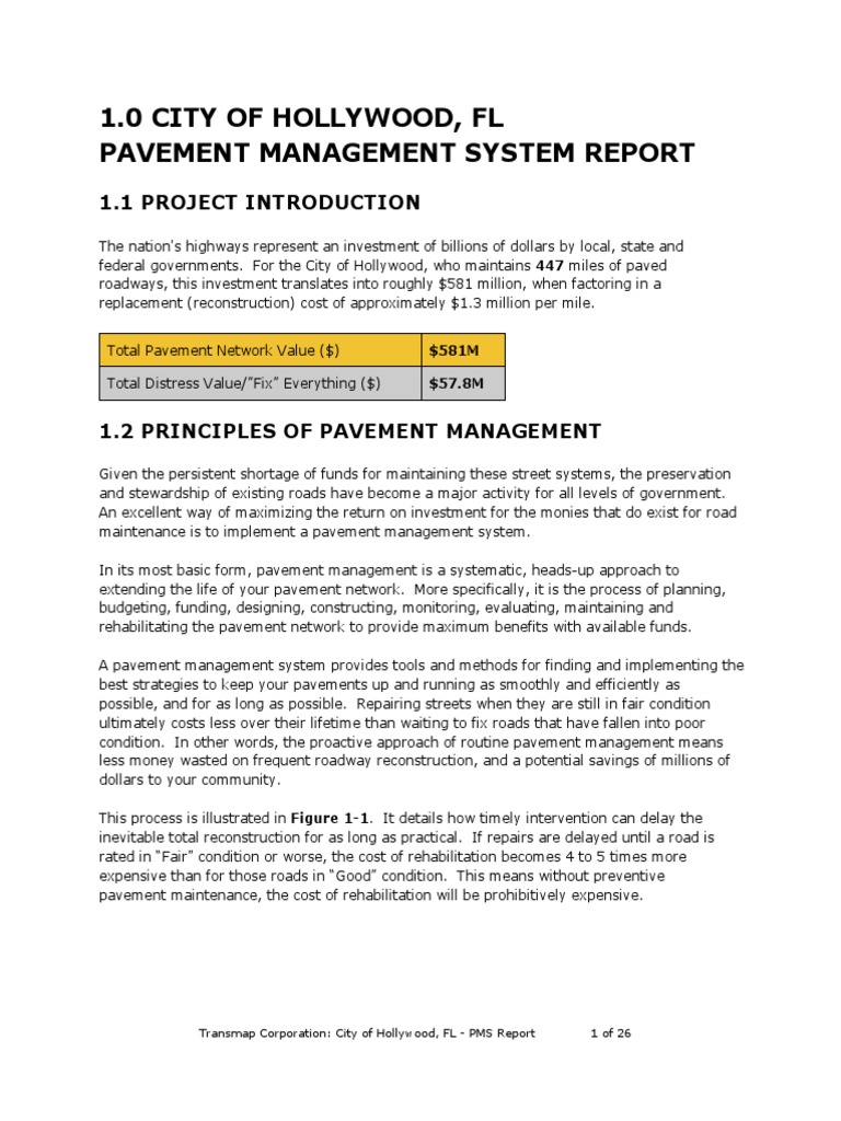 1.0 City of Hollywood, FL Pavement Management System Report: 1.1 ...