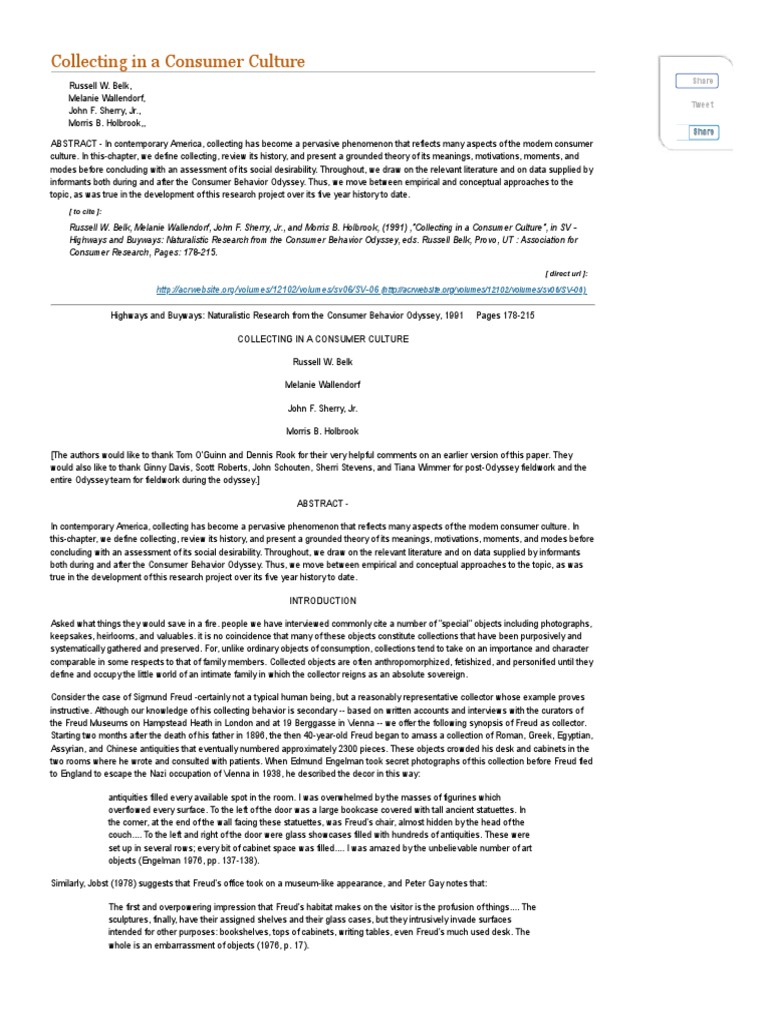 Collecting in A Consumer Culture by Russell W. Belk | PDF | Museum | Relic