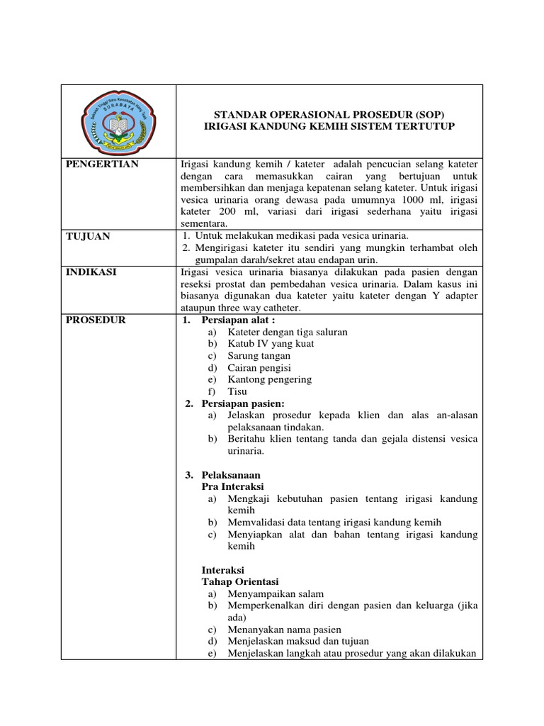 SOP Fix (Irigasi Kandung Kemih, Pelepasan - Perawatan) | PDF